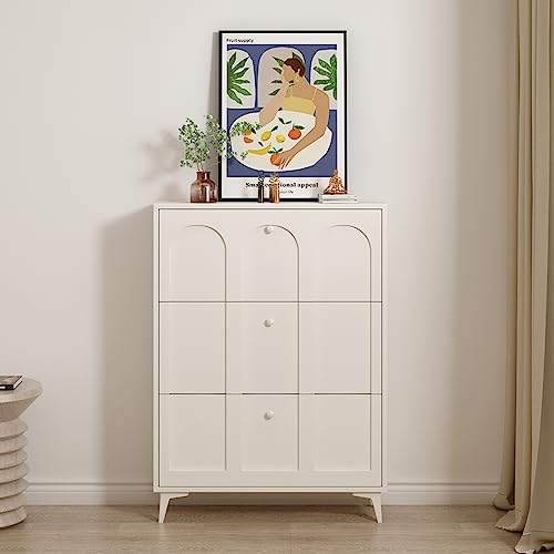 NEW BARLEY Shoe Cabinet for Entryway Slim with 3 Flip Drawers,Modern Freestanding Narrow Shoe Rack Tipping Bucket Shoe Cabinet Cream