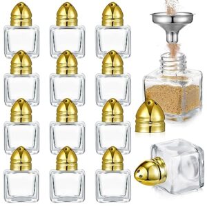 uiifan 12 pcs 0.5 oz cube shape small salt and pepper shakers with gold tone tops clear mini glass seasoning jars spice salt shakers with funnel for gold wedding party home restaurant kitchen travel