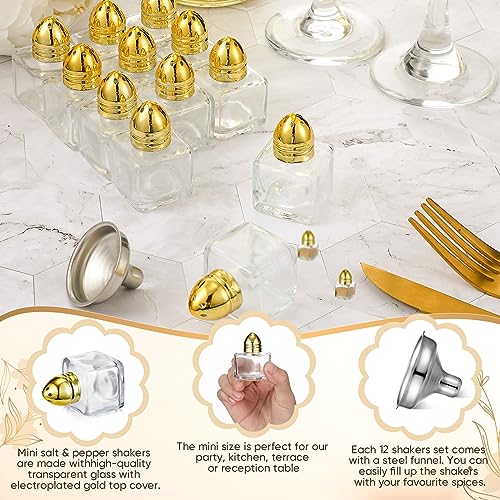 Uiifan 12 Pcs 0.5 oz Cube Shape Small Salt and Pepper Shakers with Gold Tone Tops Clear Mini Glass Seasoning Jars Spice Salt Shakers with Funnel for Gold Wedding Party Home Restaurant Kitchen Travel