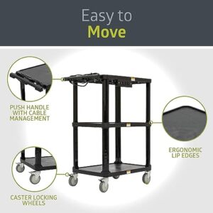 Pearington 3-Shelf Mobile Utility Cart with 3 Outlets and 8' Cord, Heavy-Duty Service Cart for Offices and Warehouses with 3 Shelves, Black