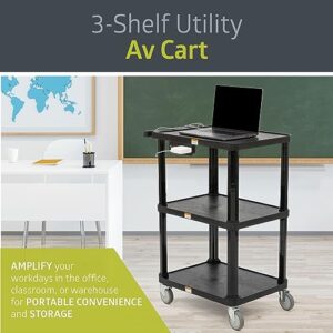 Pearington 3-Shelf Mobile Utility Cart with 3 Outlets and 8' Cord, Heavy-Duty Service Cart for Offices and Warehouses with 3 Shelves, Black