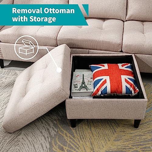 BALUS Reversible Sectional Couch Set 3 Seat L Shaped Modular Sofa Bed with Flexible Storage Ottoman Chaise Modern Sofa Couches for Living Room Apartment Office - Beige