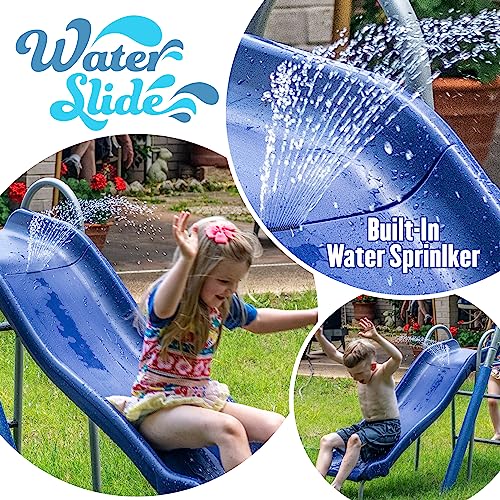 XDP Recreation Free N’ Swing with 5' Water Wave Slide - Outdoor Backyard Kids Fun Swing Set with Galvanized Steel Frame, Gray