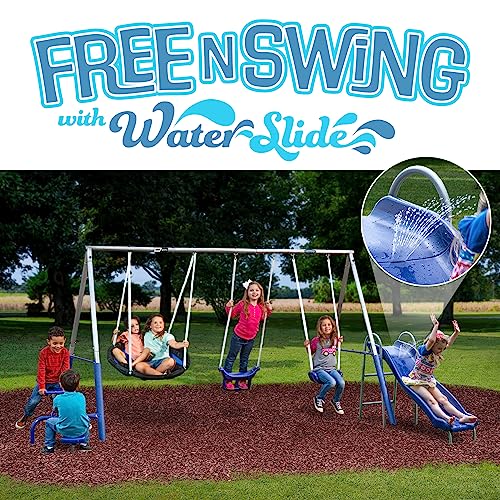 XDP Recreation Free N’ Swing with 5' Water Wave Slide - Outdoor Backyard Kids Fun Swing Set with Galvanized Steel Frame, Gray