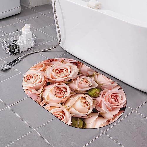 QQLADY Pink Roses Bathroom Mat Ultra-Absorbent Diatomaceous Earth Bath Mat Non-Slip Door Mat Quick Drying Bathroom Floor Mat for Shower Bathtub Kitchen Bathroom Rugs