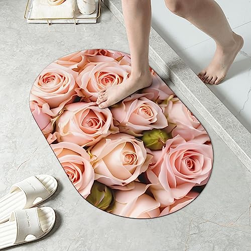 QQLADY Pink Roses Bathroom Mat Ultra-Absorbent Diatomaceous Earth Bath Mat Non-Slip Door Mat Quick Drying Bathroom Floor Mat for Shower Bathtub Kitchen Bathroom Rugs