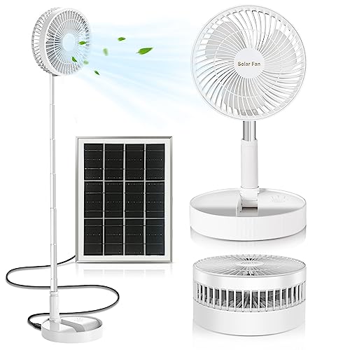 Ledeak Standing Fan with Portable Solar Panel, 8" Telescopic Foldable Desk Fan, Rechargeable Battery Operated Pedestal Fans 3 Speeds Quiet Height Adjustable USB Floor Fan for Bedroom Home Travel