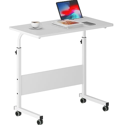 DlandHome Rolling Desk Adjustable Standing Desk, Mobile Side Table 31.4 Inches w/Wheels Adjustable C Table Movable Portable Laptop Computer Stand for Bed Sofa,White