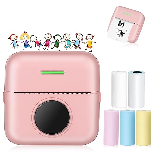 Mini Pocket Printer, Bluetooth Inkless Thermal Printer with 5 Rolls Printing Paper for Android or iOS APP, Portable Sticker Printer Gift for Kids, Friends, Receipt Printer for Photo Journal Notes Memo