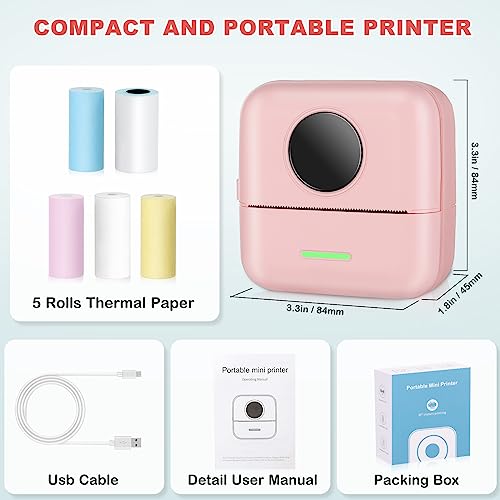 Mini Pocket Printer, Bluetooth Inkless Thermal Printer with 5 Rolls Printing Paper for Android or iOS APP, Portable Sticker Printer Gift for Kids, Friends, Receipt Printer for Photo Journal Notes Memo