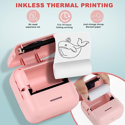 Mini Pocket Printer, Bluetooth Inkless Thermal Printer with 5 Rolls Printing Paper for Android or iOS APP, Portable Sticker Printer Gift for Kids, Friends, Receipt Printer for Photo Journal Notes Memo