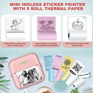 Mini Pocket Printer, Bluetooth Inkless Thermal Printer with 5 Rolls Printing Paper for Android or iOS APP, Portable Sticker Printer Gift for Kids, Friends, Receipt Printer for Photo Journal Notes Memo