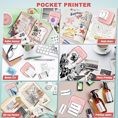 Mini Pocket Printer, Bluetooth Inkless Thermal Printer with 5 Rolls Printing Paper for Android or iOS APP, Portable Sticker Printer Gift for Kids, Friends, Receipt Printer for Photo Journal Notes Memo