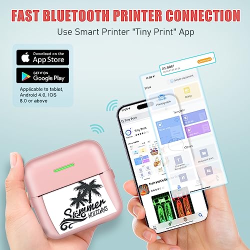 Mini Pocket Printer, Bluetooth Inkless Thermal Printer with 5 Rolls Printing Paper for Android or iOS APP, Portable Sticker Printer Gift for Kids, Friends, Receipt Printer for Photo Journal Notes Memo