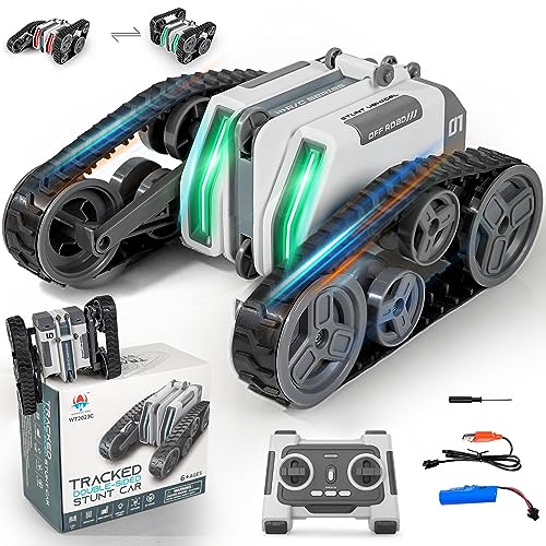 FUUY Remote Control Car, 360° Rotating RC Car with Cool Lights, Transform RC Tank Mini RC Crawler Double-Sided Tracked Fancy Stunt Car Kid Toy for Birthday White