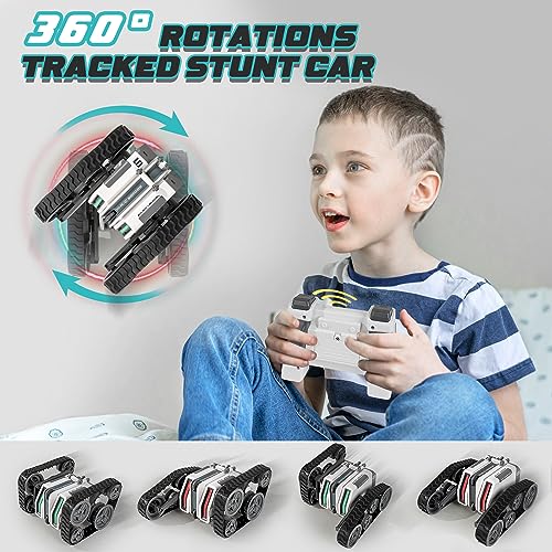 FUUY Remote Control Car, 360° Rotating RC Car with Cool Lights, Transform RC Tank Mini RC Crawler Double-Sided Tracked Fancy Stunt Car Kid Toy for Birthday White