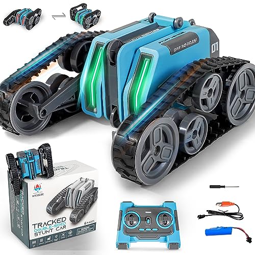 FUUY Remote Control Car, 360° Rotating RC Car with Cool Lights, Transform RC Tank Mini RC Crawler Double-Sided Tracked Fancy Stunt Car Kid Toy for Birthday Blue