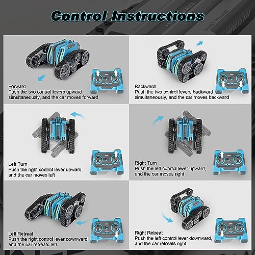 FUUY Remote Control Car, 360° Rotating RC Car with Cool Lights, Transform RC Tank Mini RC Crawler Double-Sided Tracked Fancy Stunt Car Kid Toy for Birthday Blue