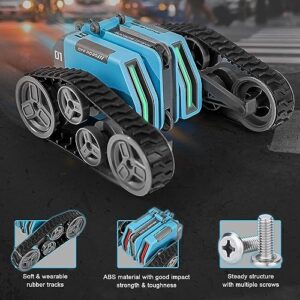 FUUY Remote Control Car, 360° Rotating RC Car with Cool Lights, Transform RC Tank Mini RC Crawler Double-Sided Tracked Fancy Stunt Car Kid Toy for Birthday Blue