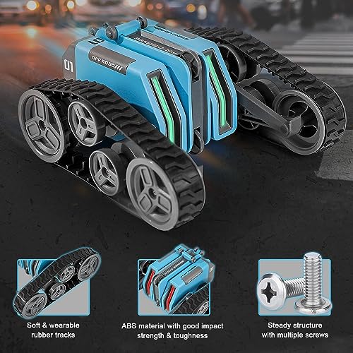 FUUY Remote Control Car, 360° Rotating RC Car with Cool Lights, Transform RC Tank Mini RC Crawler Double-Sided Tracked Fancy Stunt Car Kid Toy for Birthday Blue