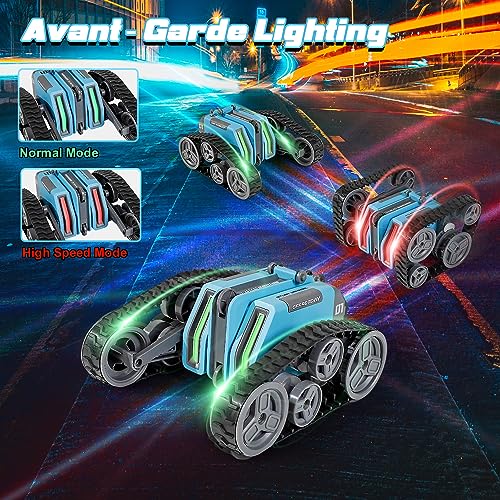 FUUY Remote Control Car, 360° Rotating RC Car with Cool Lights, Transform RC Tank Mini RC Crawler Double-Sided Tracked Fancy Stunt Car Kid Toy for Birthday Blue