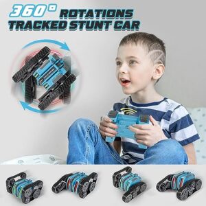 FUUY Remote Control Car, 360° Rotating RC Car with Cool Lights, Transform RC Tank Mini RC Crawler Double-Sided Tracked Fancy Stunt Car Kid Toy for Birthday Blue