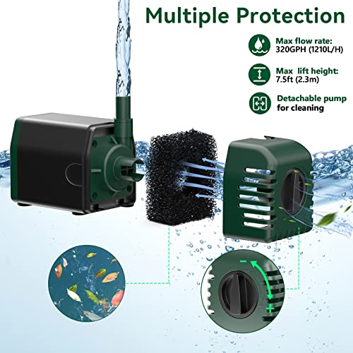 Antfraer Solar Water Pump, 20W Solar Water Fountain Pump 320GPH+ Flow Adjustable with 16.5FT Cord, 7 Nozzles Solar Fountain Pump for Pond Fish Pond Garden Waterfall Pool Hydroponics DIY Water Features