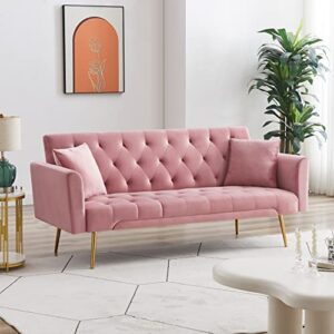 fanye tufted upholstered futon daybed modern convertible loveseat sofa soft convenient nap sleeper couch bed for home office apartment furniture sets love seats, pink velvet with 2 pillows metal legs