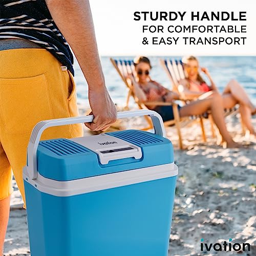 Ivation Electric Cooler & Warmer with Handle | 24 L Portable Thermoelectric Fridge for Vehicles & Trucks| 110V AC Home Power Cord & 12V Car Adapter for Camping, Travel & Picnics