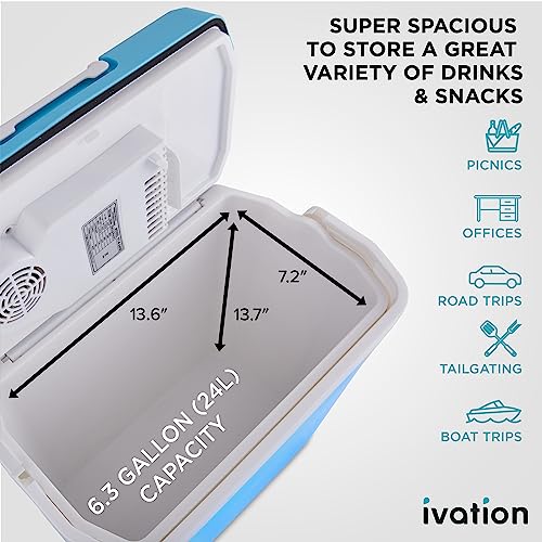 Ivation Electric Cooler & Warmer with Handle | 24 L Portable Thermoelectric Fridge for Vehicles & Trucks| 110V AC Home Power Cord & 12V Car Adapter for Camping, Travel & Picnics