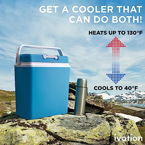 Ivation Electric Cooler & Warmer with Handle | 24 L Portable Thermoelectric Fridge for Vehicles & Trucks| 110V AC Home Power Cord & 12V Car Adapter for Camping, Travel & Picnics