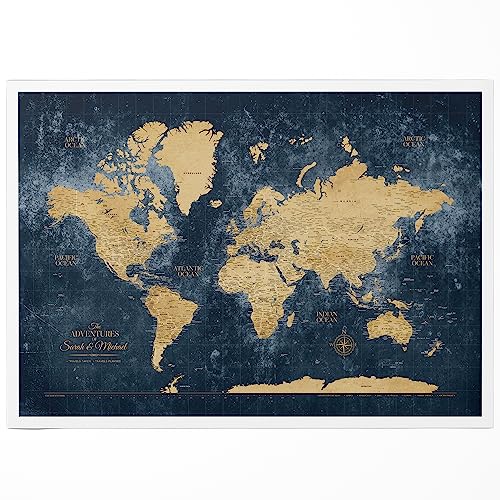 Holy Cow Canvas Personalized Push Pin World Travel Map with Pins, Gold & Navy World Map Pin Board, Push Pin Travel Map World on Canvas, Push Pin Map to Track Travels, Pin Map of World (Rolled 40"x24")