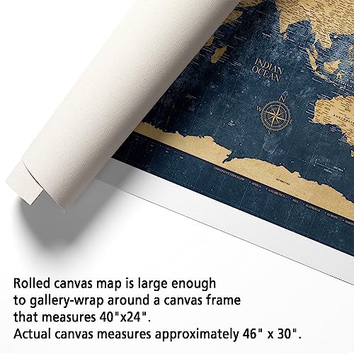 Holy Cow Canvas Personalized Push Pin World Travel Map with Pins, Gold & Navy World Map Pin Board, Push Pin Travel Map World on Canvas, Push Pin Map to Track Travels, Pin Map of World (Rolled 40"x24")