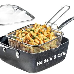 Granitestone 9.5 Inch Deep Frying Pan with Lid, 4 Pc Non Stick Deep Square Frying Pan Set with Steamer & Fry Basket, Large Frying Pan/Saute Pan for Cooking, Dishwasher/Oven Safe, 100% Non Toxic