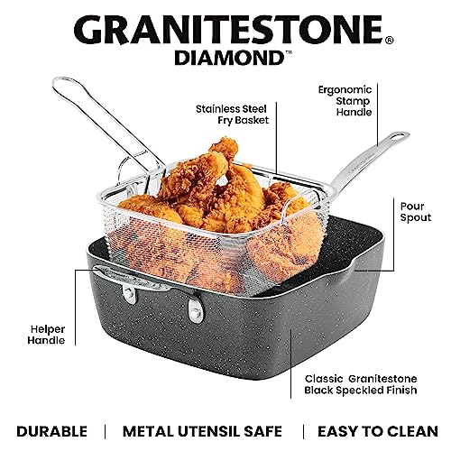 Granitestone 9.5 Inch Deep Frying Pan with Lid, 4 Pc Non Stick Deep Square Frying Pan Set with Steamer & Fry Basket, Large Frying Pan/Saute Pan for Cooking, Dishwasher/Oven Safe, 100% Non Toxic