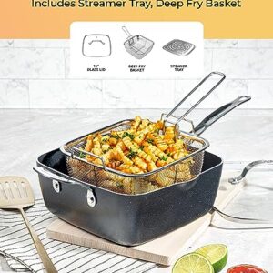 Granitestone 9.5 Inch Deep Frying Pan with Lid, 4 Pc Non Stick Deep Square Frying Pan Set with Steamer & Fry Basket, Large Frying Pan/Saute Pan for Cooking, Dishwasher/Oven Safe, 100% Non Toxic