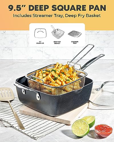 Granitestone 9.5 Inch Deep Frying Pan with Lid, 4 Pc Non Stick Deep Square Frying Pan Set with Steamer & Fry Basket, Large Frying Pan/Saute Pan for Cooking, Dishwasher/Oven Safe, 100% Non Toxic