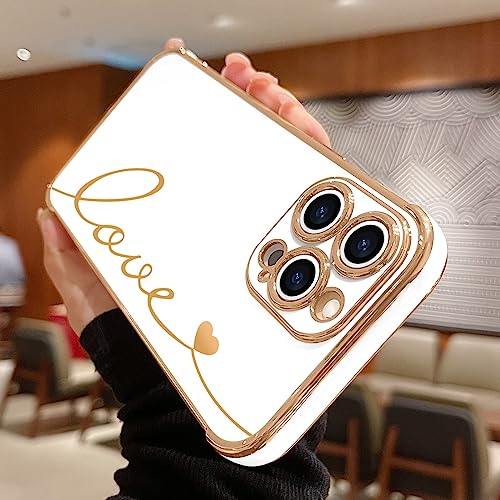 LAPOPNUT for iPhone 13 Pro Max Case,Cute Love Heart Design for Women Girls, Luxury Plating Bumper with Camera Lens Protection Cover Shockproof Phone Case for iPhone 13 Pro Max 6.7 inches White