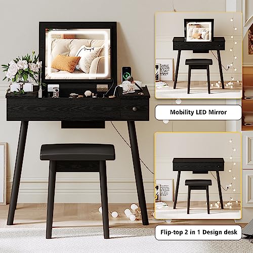 IRONCK Vanity Desk Set with LED Lighted Mirror & Power Outlet, Flip Top Makeup Vanity Table with Drawers,for Bedroom,Black