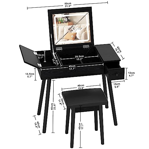 IRONCK Vanity Desk Set with LED Lighted Mirror & Power Outlet, Flip Top Makeup Vanity Table with Drawers,for Bedroom,Black