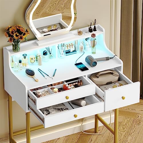 VIAGDO Makeup Vanity with Lights, Vanity Desk with 3-Color Touch Screen Lighted Mirror, White Vanity Table with Charging Station, Modern Makeup Desk with LED Lights, Adjustable Drawer Dividers