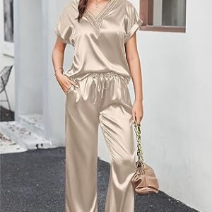 Ekouaer Womens Silk Pajamas Set Short Sleeve Satin Shirt with Long Pant Pjs Set V Neck Sleepwear with Floral Lace Champagne