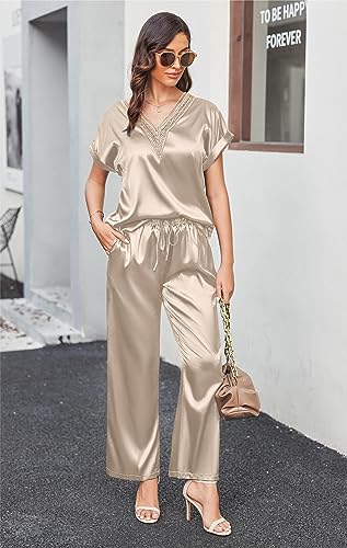 Ekouaer Womens Silk Pajamas Set Short Sleeve Satin Shirt with Long Pant Pjs Set V Neck Sleepwear with Floral Lace Champagne