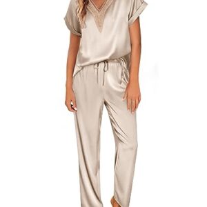 Ekouaer Womens Silk Pajamas Set Short Sleeve Satin Shirt with Long Pant Pjs Set V Neck Sleepwear with Floral Lace Champagne