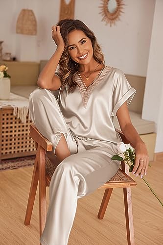 Ekouaer Womens Silk Pajamas Set Short Sleeve Satin Shirt with Long Pant Pjs Set V Neck Sleepwear with Floral Lace Champagne