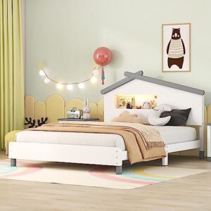 Harper & Bright Designs Full Bed Frames with House-Shaped Headboard, Wooden Kids Full Platform Bed Frame with Motion Activated Night Lights, Cute Single Full Bed for Girls Boys,White+Gray