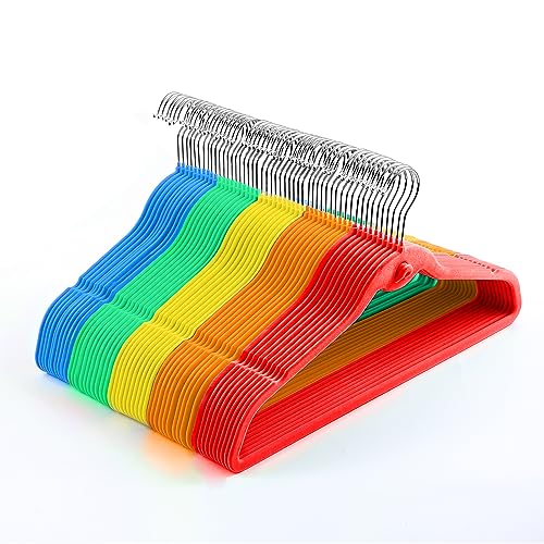 Multi-Color Premium Velvet Hangers with Mini Hooks, Pack of 50, Non Slip, Space Saving Cascading Clothes Hangers, Rainbow Colors, Red, Orange, Yellow, Green, Blue