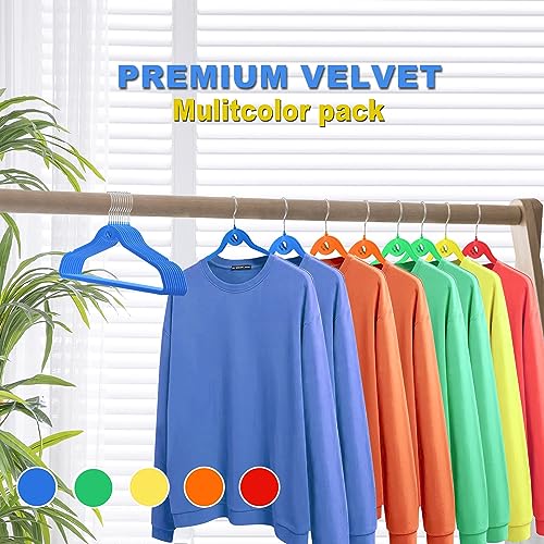 Multi-Color Premium Velvet Hangers with Mini Hooks, Pack of 50, Non Slip, Space Saving Cascading Clothes Hangers, Rainbow Colors, Red, Orange, Yellow, Green, Blue