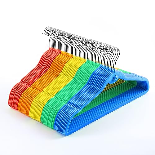 Multi-Color Premium Velvet Hangers with Mini Hooks, Pack of 50, Non Slip, Space Saving Cascading Clothes Hangers, Rainbow Colors, Red, Orange, Yellow, Green, Blue