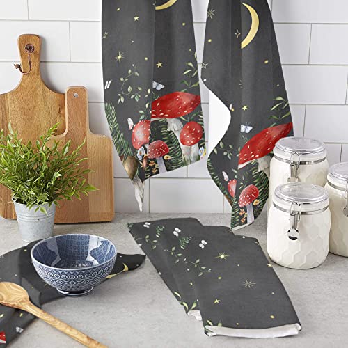 Farm Mushroom Plant Kitchen Dish Towels,1 Pack Night Moon and Stars Black Hand Towel Absorbent Dish Cloth Quick Drying Microfiber Terry Cloths Tea Towel for Dishes Counter/Bar Forest Botanical